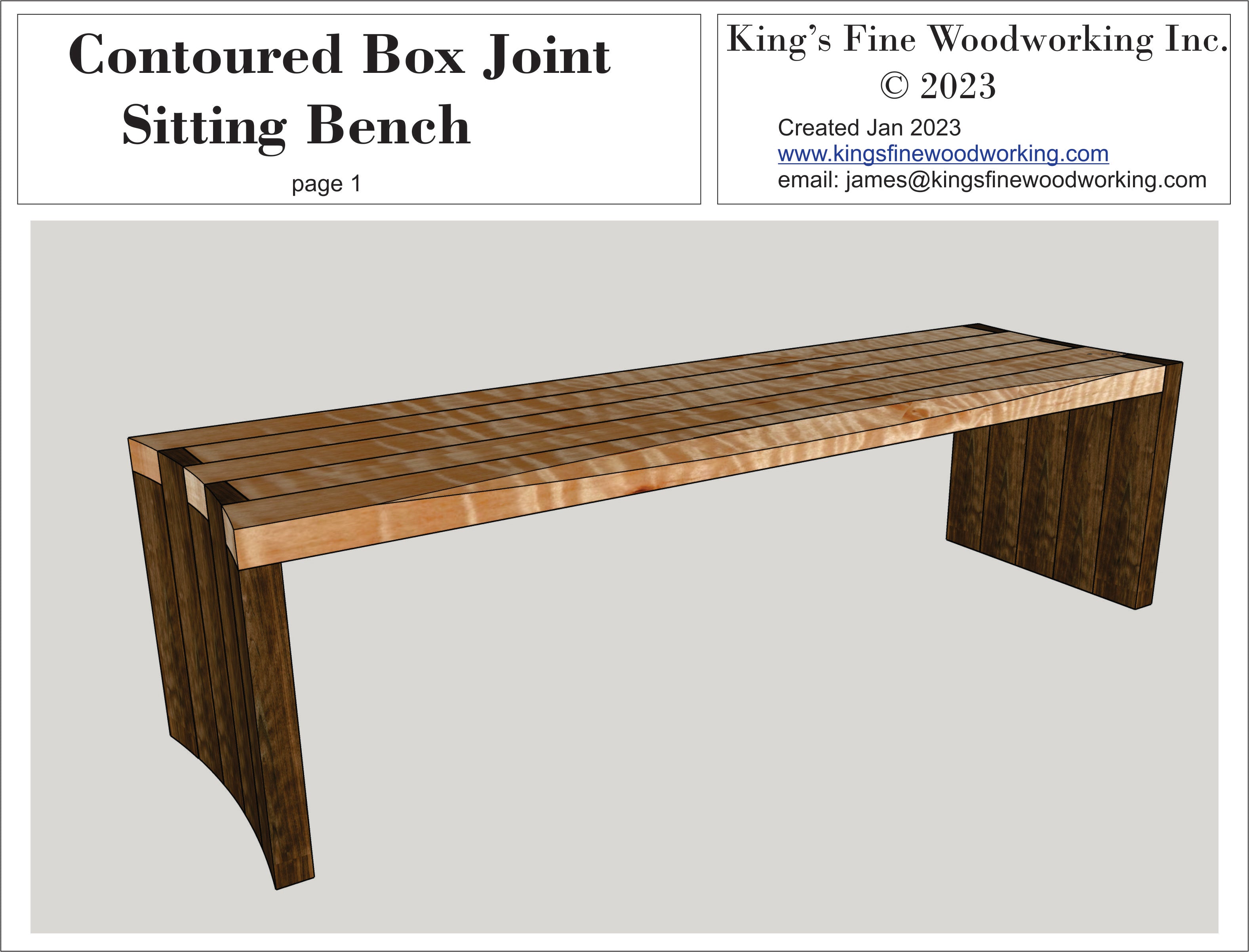 3D Plans for the Contoured Box Joint Bench – King's Fine Woodworking Inc